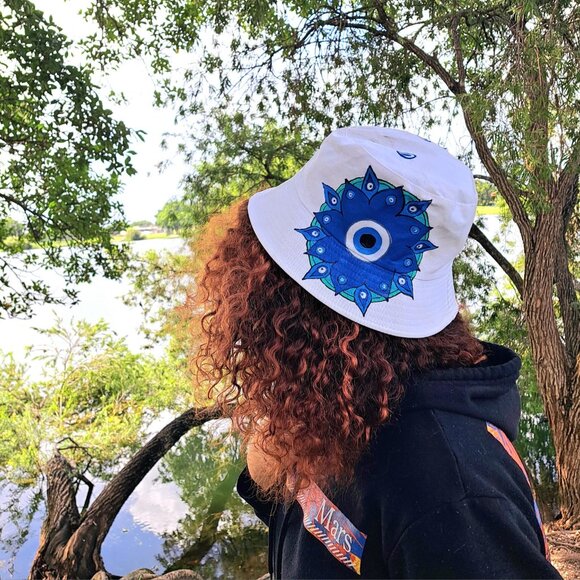 Accessories | Hat Bucket Hand Painted Hat With Evil Eye Mandala | Poshmark